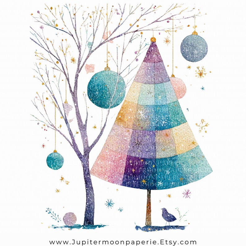 Watercolor Pastel Christmas Tree Clipart: Boho Holiday PNG (digital ...