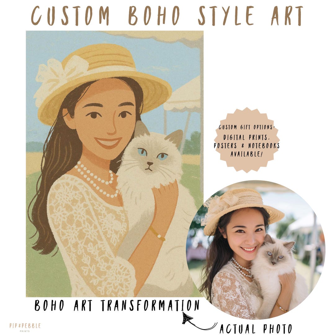 Custom My Pet and Me Portrait,personalized Boho Minimalist Art, Digital ...