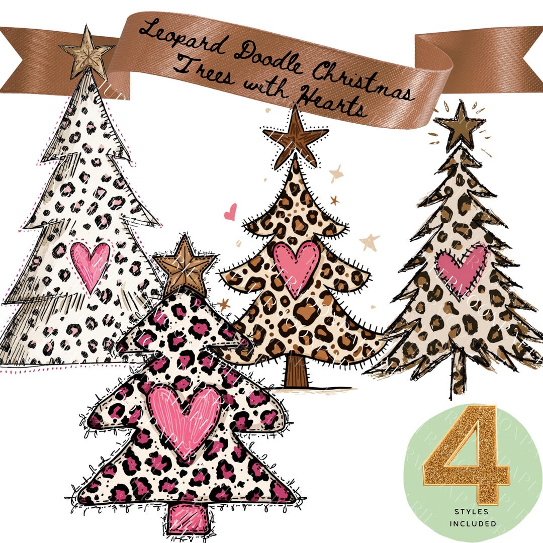 Doodle Leopard Print Christmas Tree PNG Bundle, Pink Heart Clipart ...