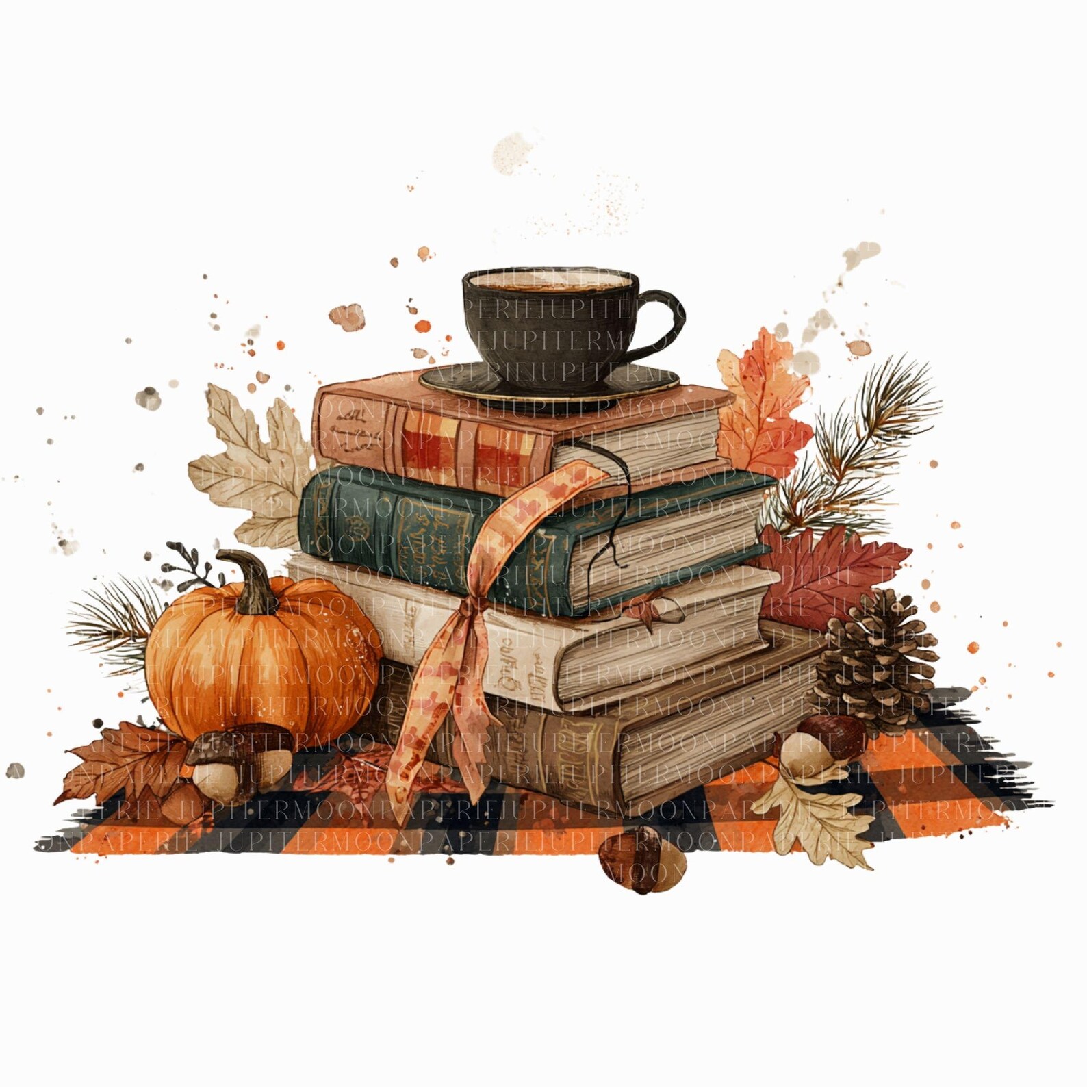 8 Autumn Book Stack Watercolor Clipart: Coffee, Pumpkin (digital ...
