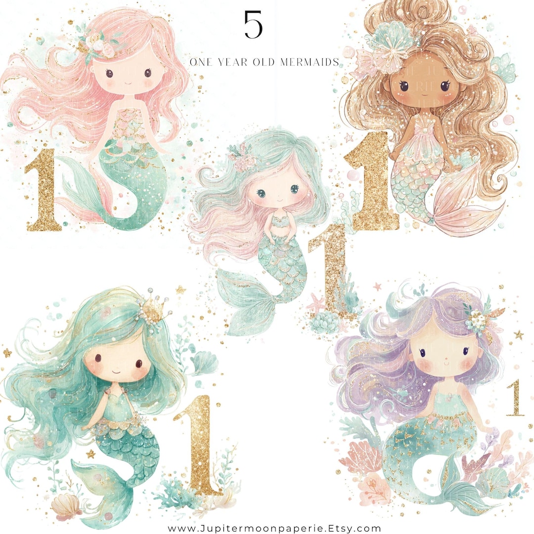 Pastel Mermaid Clipart Set, First Birthday PNG Graphics (digital ...