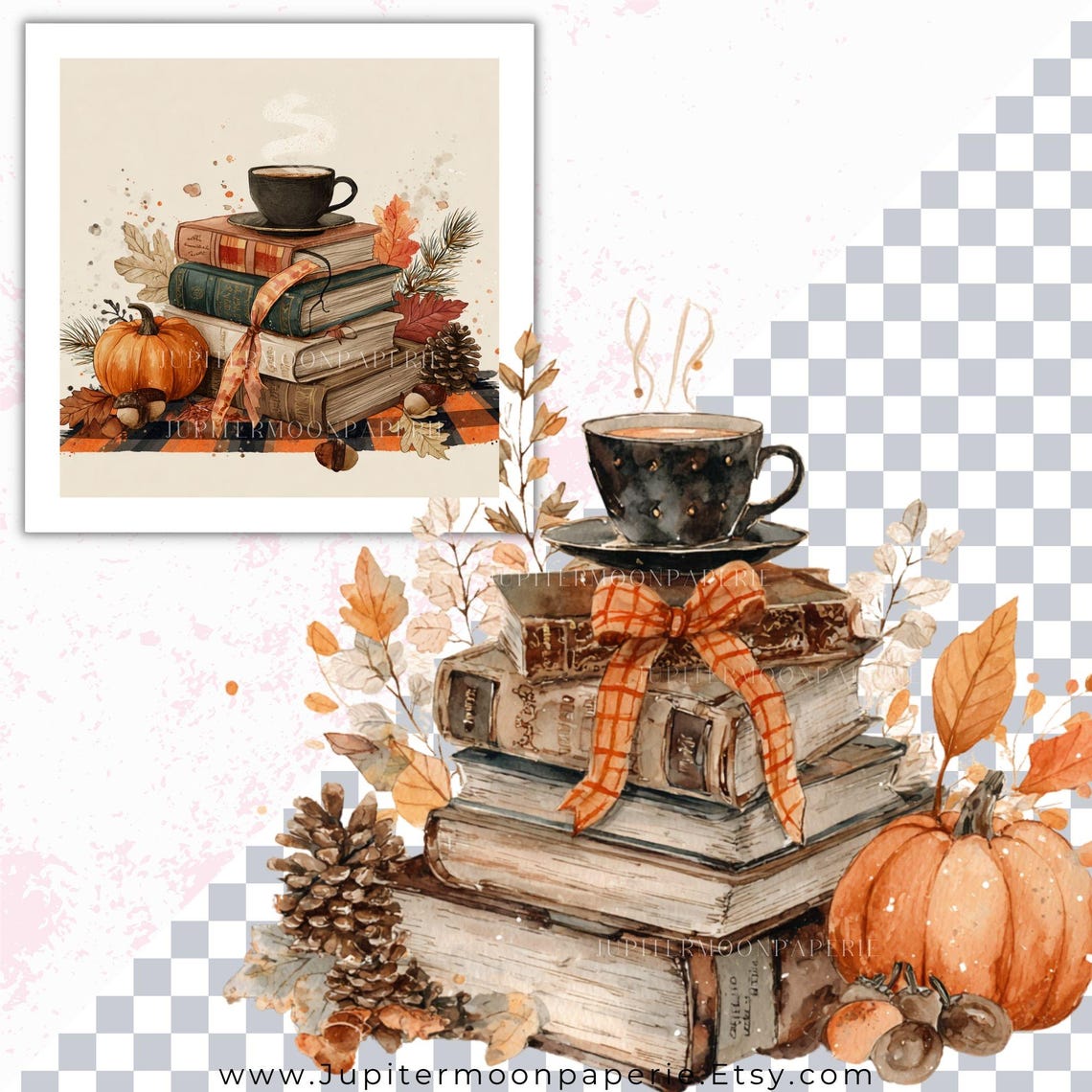8 Autumn Book Stack Watercolor Clipart: Coffee, Pumpkin (digital ...