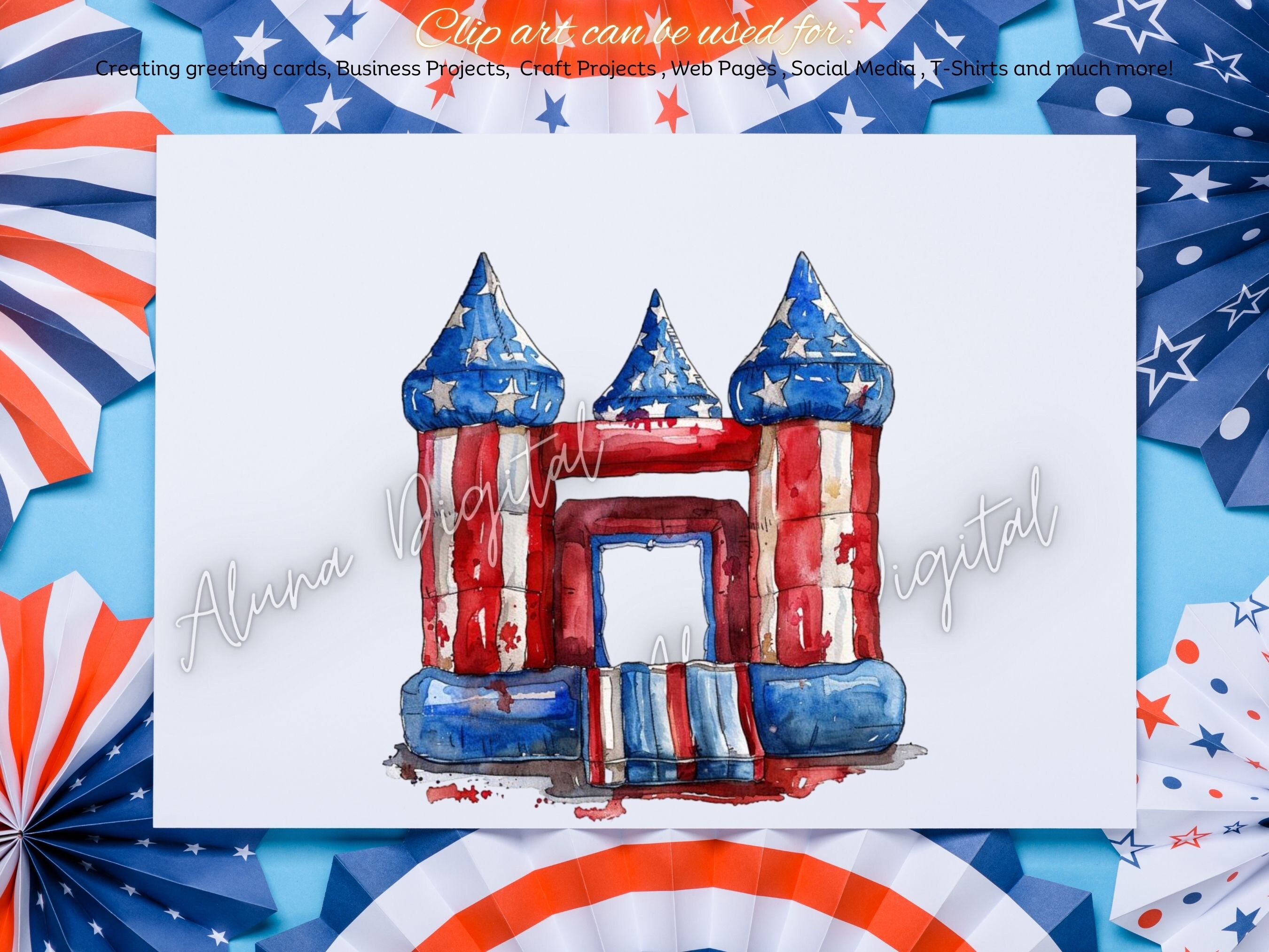 Eight Watercolor 4th of July Bounce House PNG, Bouncy House Clip Art ...