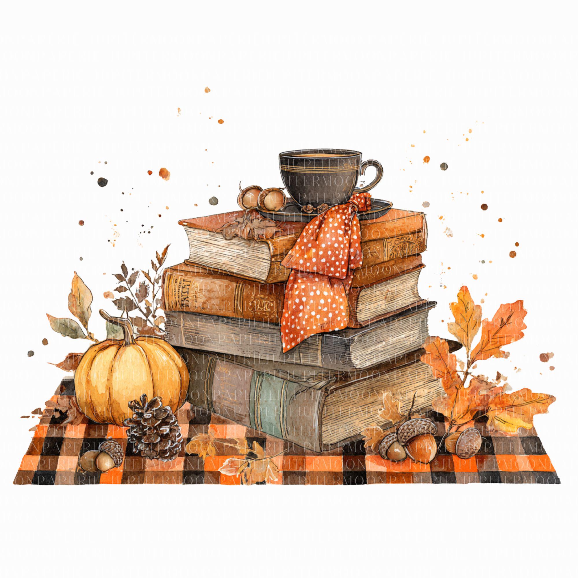 8 Autumn Book Stack Watercolor Clipart: Coffee, Pumpkin (digital ...