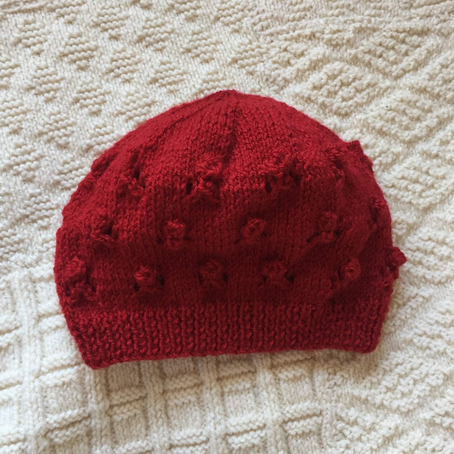 Hand Knitted Rose Pattern Hat, Red Winter Hat, Knitted Ladies Hat ...