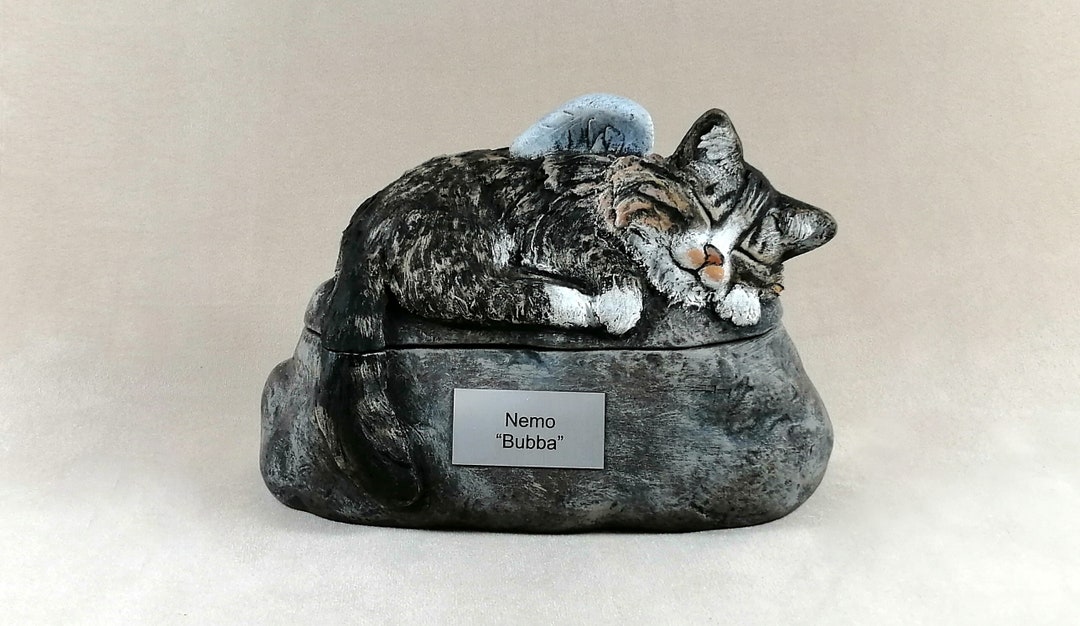 Ceramic Long Haired Engraved Painted Cat Cremation Urn With Plastic ...