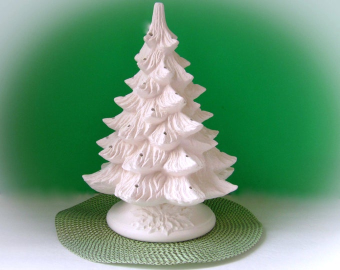 Large Ceramic Christmas Tree - Unpainted Bisque, With Holly Leaf Base ...