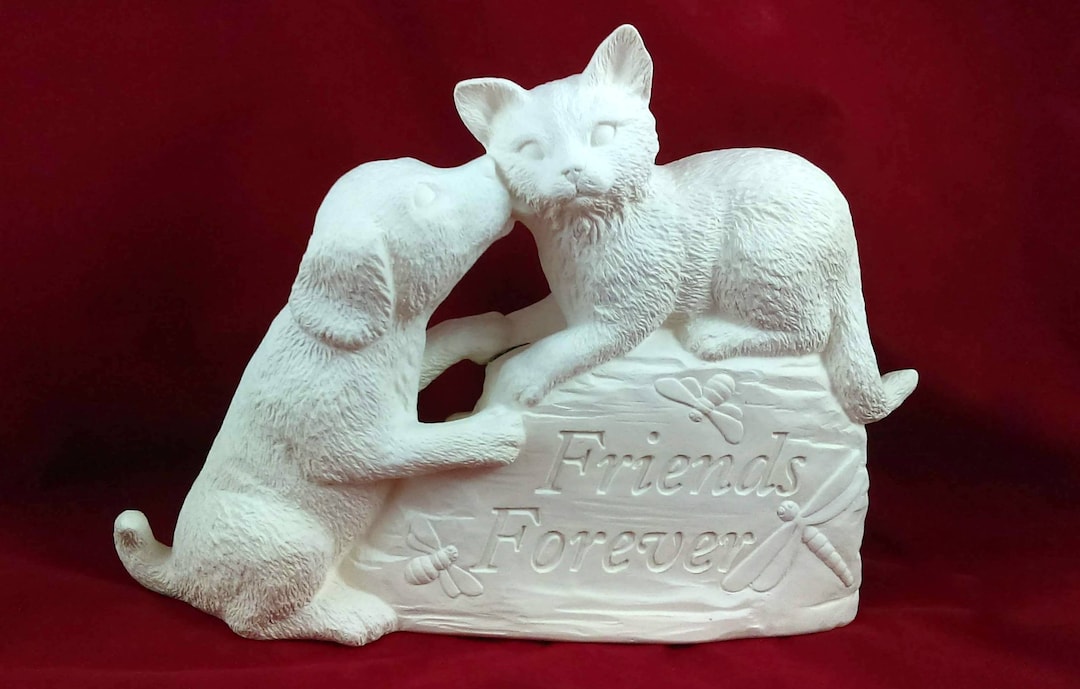 Ceramic Ready to Paint Friends Forever Cat and Dog Statue,12 Inches ...