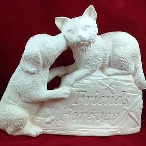 Ceramic Ready to Paint Friends Forever Cat and Dog Statue,12 Inches ...