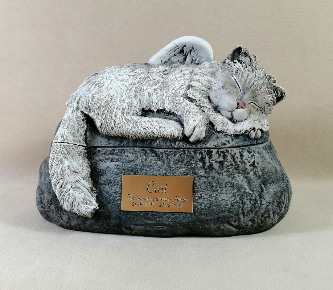 Ceramic Long Haired Engraved Custom Painted Cat 2 Piece Cremation Urn ...