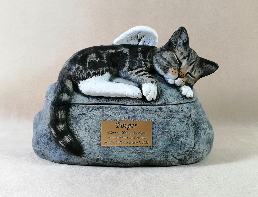 Ceramic Engraved Painted Cat Cremation Urn With Plastic Name Plate ...