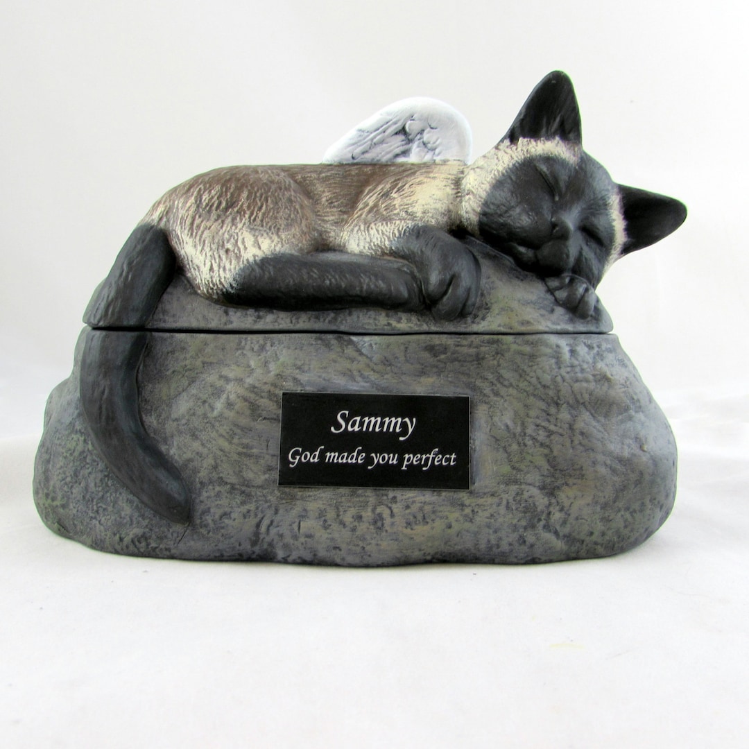 Ceramic Engraved Painted Siamese Cat Cremation Urn With Plastic Name ...