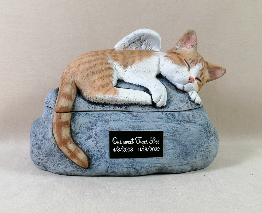 Ceramic Engraved Painted Cat Cremation Urn With Plastic Name Plate ...