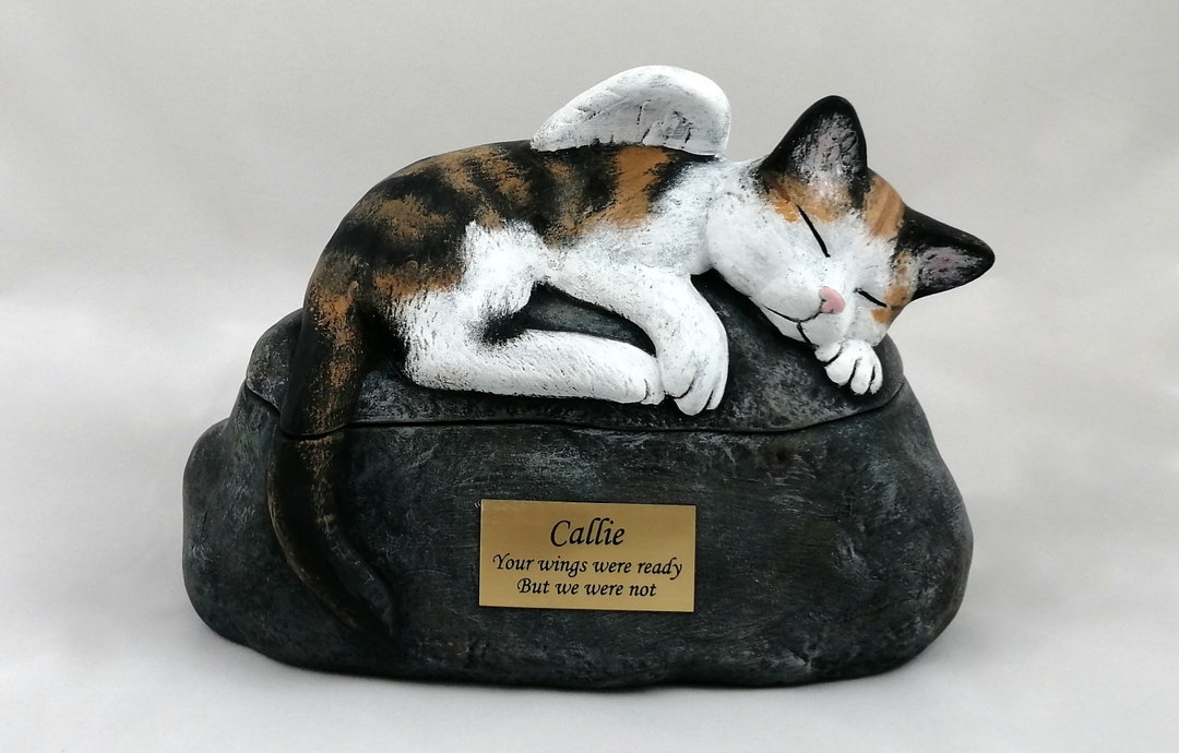 Ceramic Engraved Painted Calico Cat 2 Piece Cremation Urn With Plastic ...