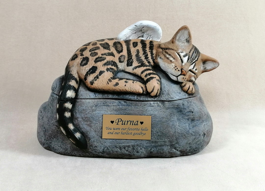 Ceramic Engraved Painted Bengal Cat Cremation Urn With Plastic Name ...