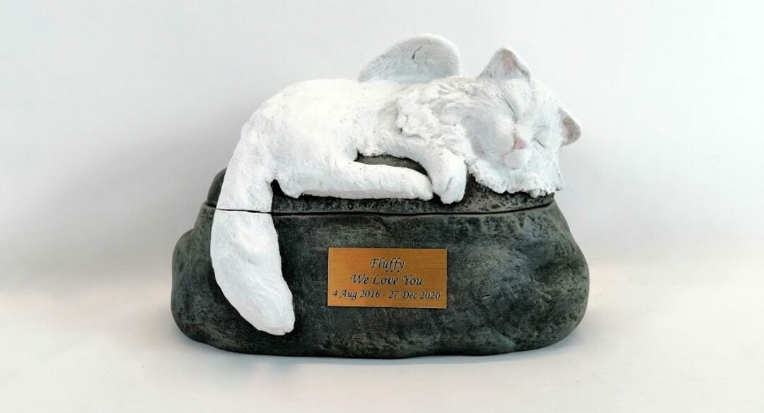 Ceramic Long Haired Engraved Painted Cat Cremation Urn With Plastic ...