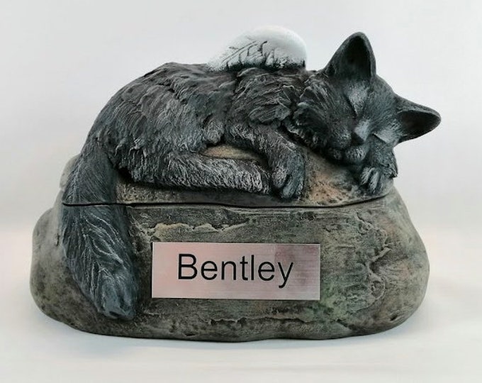 Ceramic Long Haired Engraved Painted Cat Cremation Urn With Plastic ...