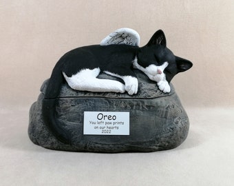 Ceramic Engraved Painted Cat Cremation Urn With Plastic Name Plate Hand ...