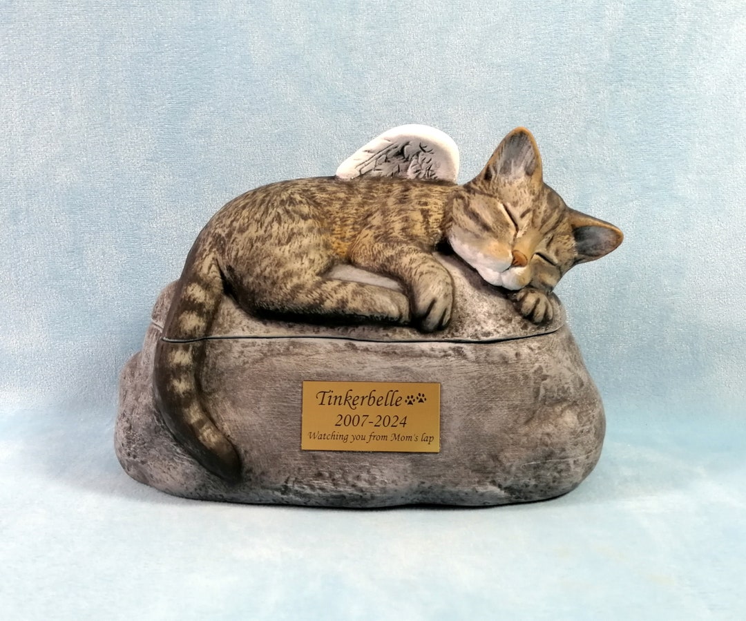 Ceramic Engraved Painted Cat Cremation Urn With Plastic Name Plate Hand ...