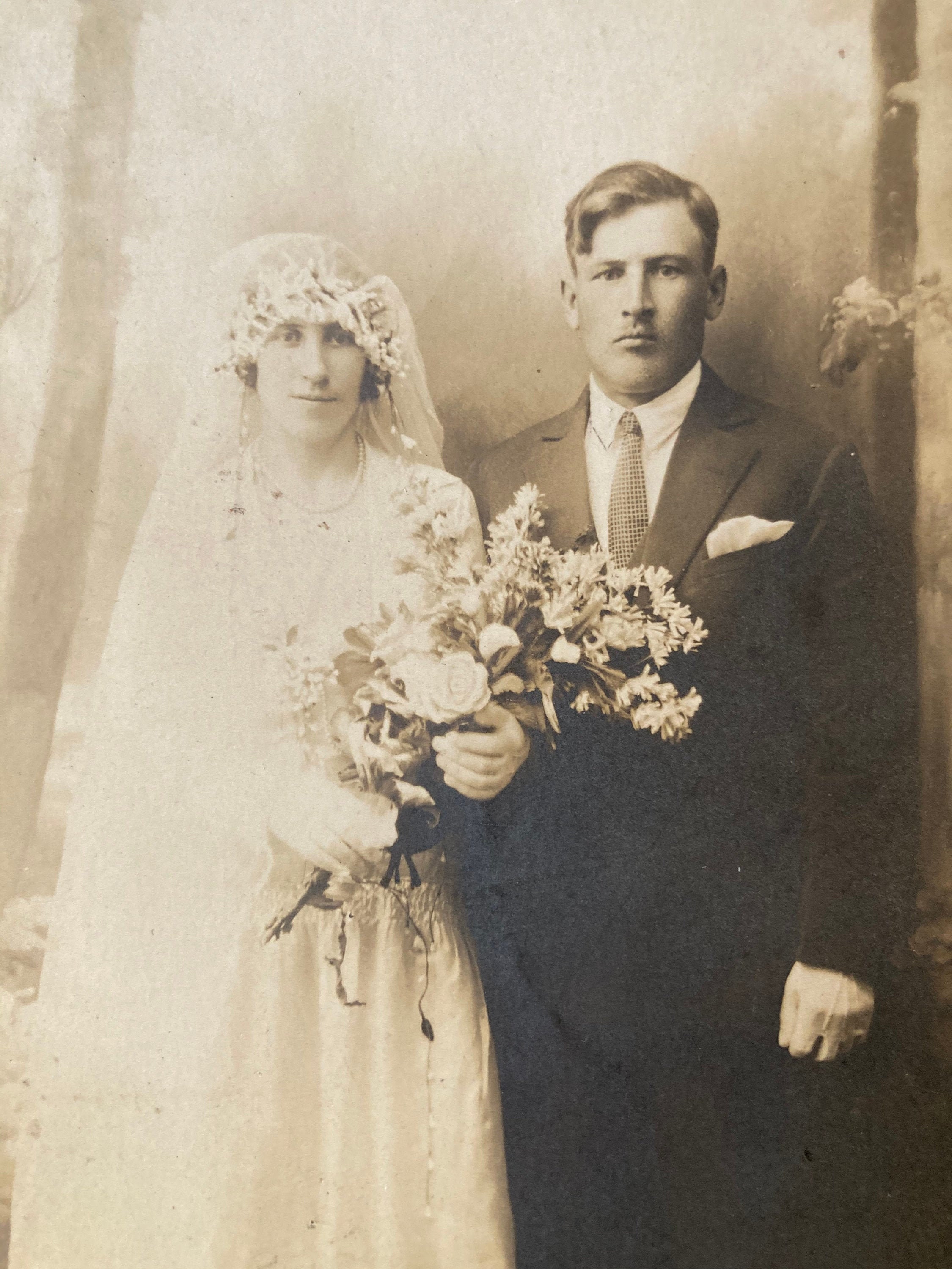 Antique sepia photo of bride groom with beautiful bouquet | Etsy