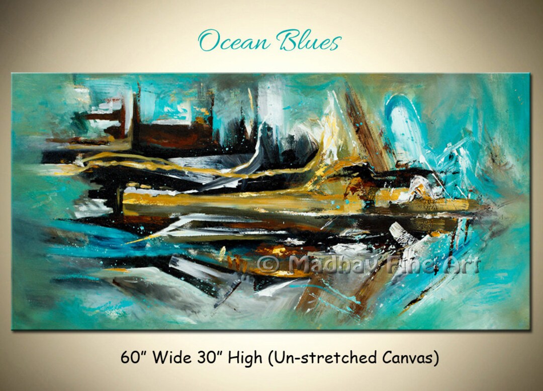 Large Turquoise Abstract Painting, Original Acrylic Canvas Art (60x30 ...