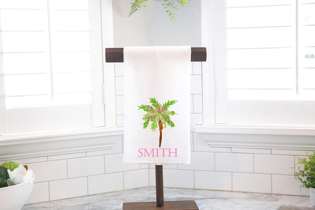 Personalized Pink and Green Palm Tree, Flour Sack Tea Towel - Hostess ...