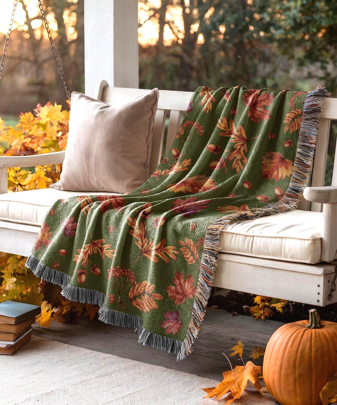 Fall Leaves Woven Cotton Throw Blanket - Floral Autumn Cottage Decor ...