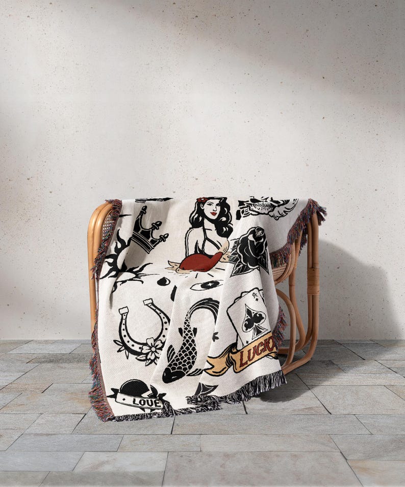 Traditional Tattoos Woven Throw Blanket | in Color or Black and White ...