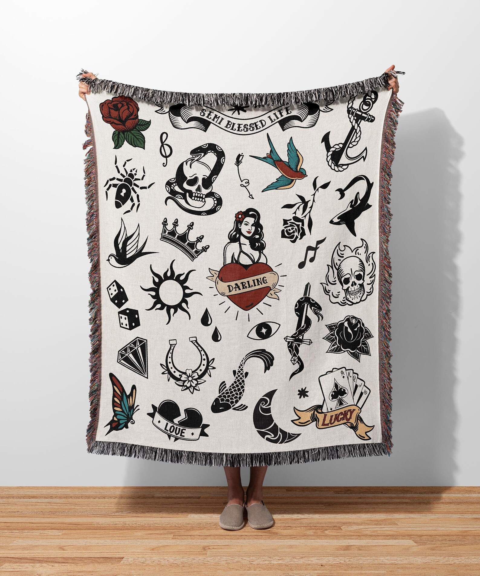 Traditional Tattoos Woven Throw Blanket in Color or Black and White ...