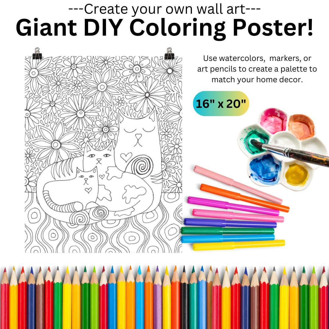 Giant Cat Coloring Poster: DIY Watercolor Wall Art (16x20) - Etsy
