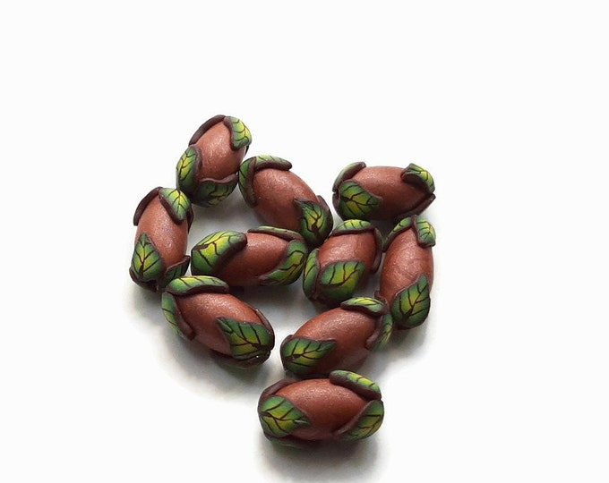 Rust and Green Leaf Barrel Beads, 20mm Polymer Clay Beads, Set of 10 ...