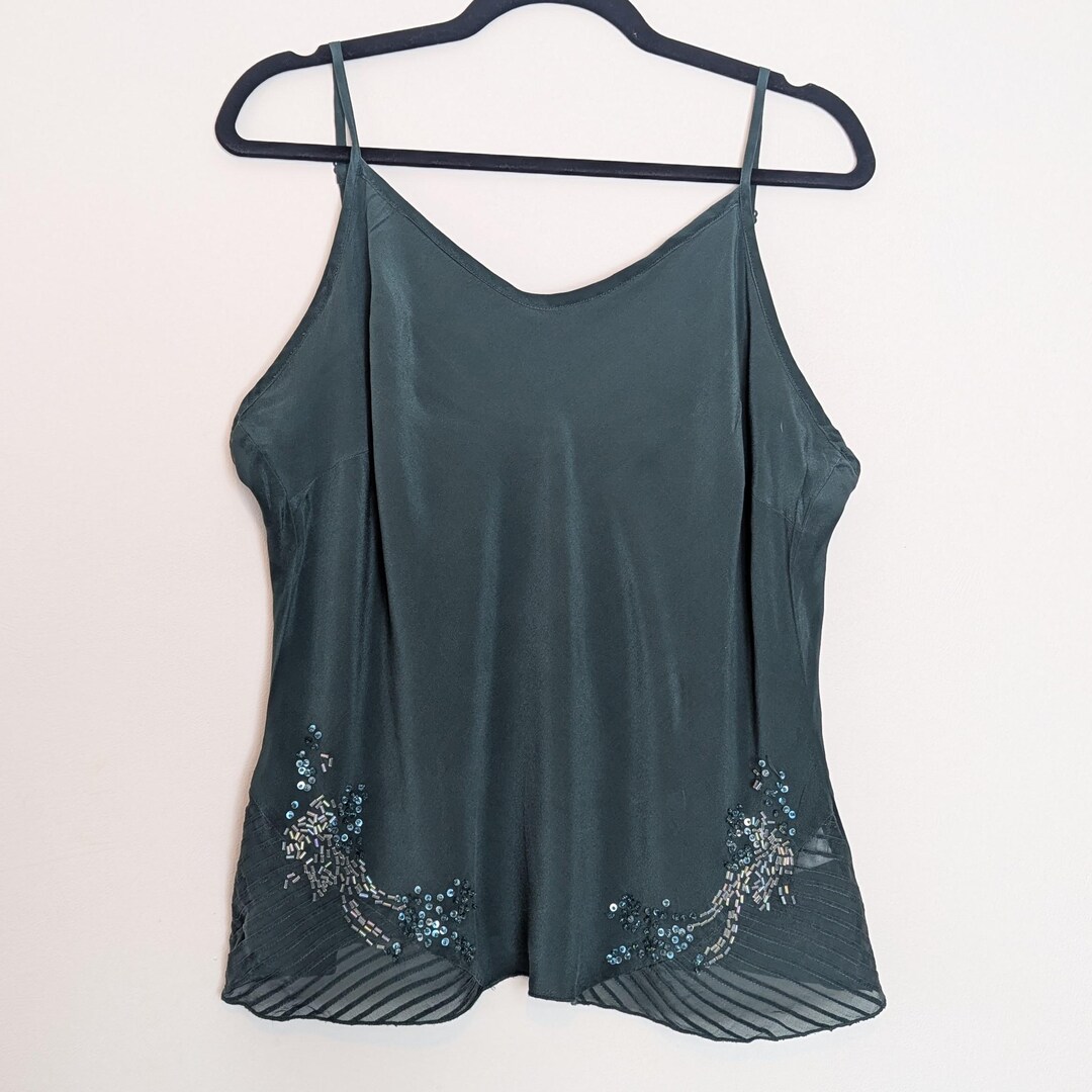 Silk Camisole Vintage Cami Top Green Camisole XL Silk Cami Top Sequin ...