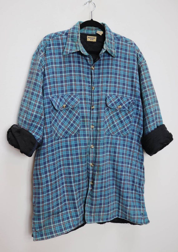 Blue Plaid Flannel Shirt Vintage Shacket Lined Flanne… - Gem