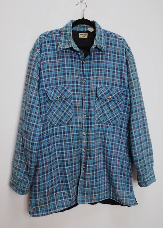 Blue Plaid Flannel Shirt Vintage Shacket Lined Flanne… - Gem