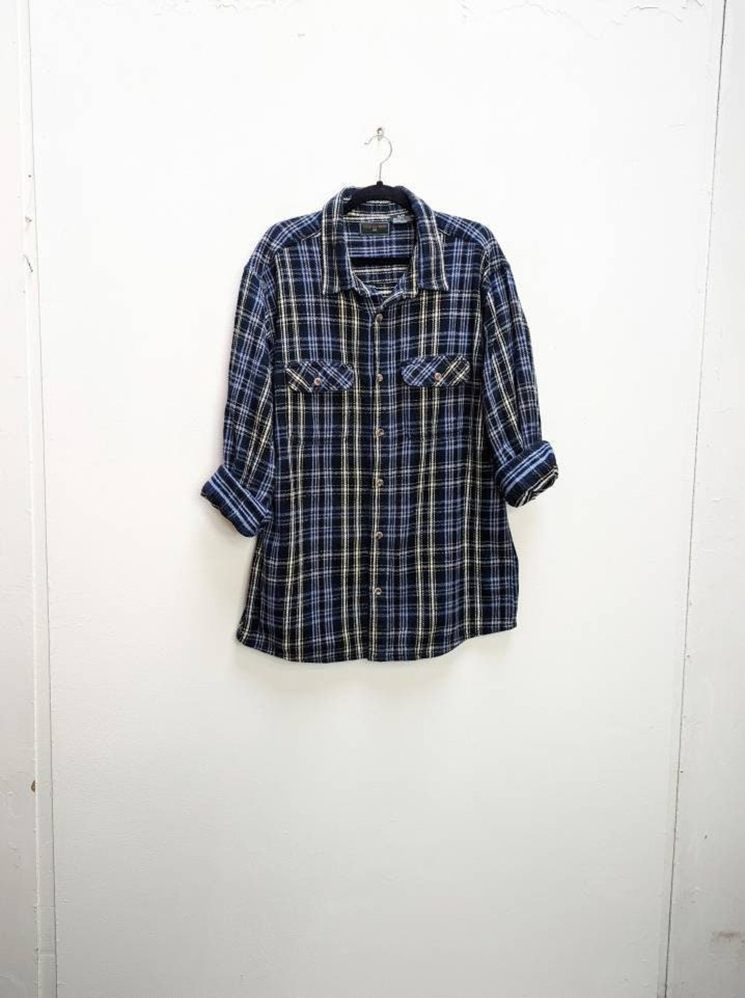 Blue Check Flannel Shirt Vintage Checkered Shirt Black Check Shirt XL ...