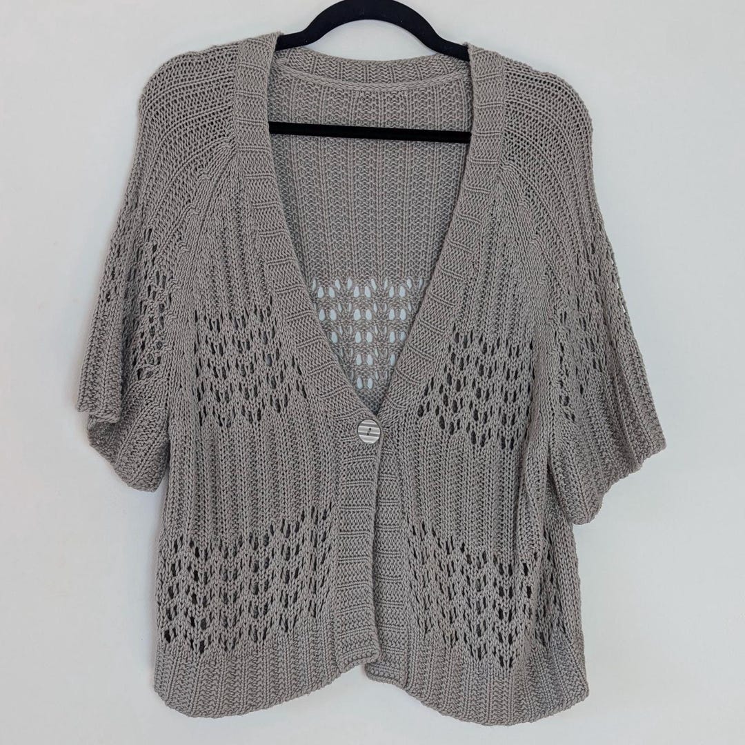 Grey Crochet Cardigan Vintage Cardigan Short Sleeve Cardigan Large ...