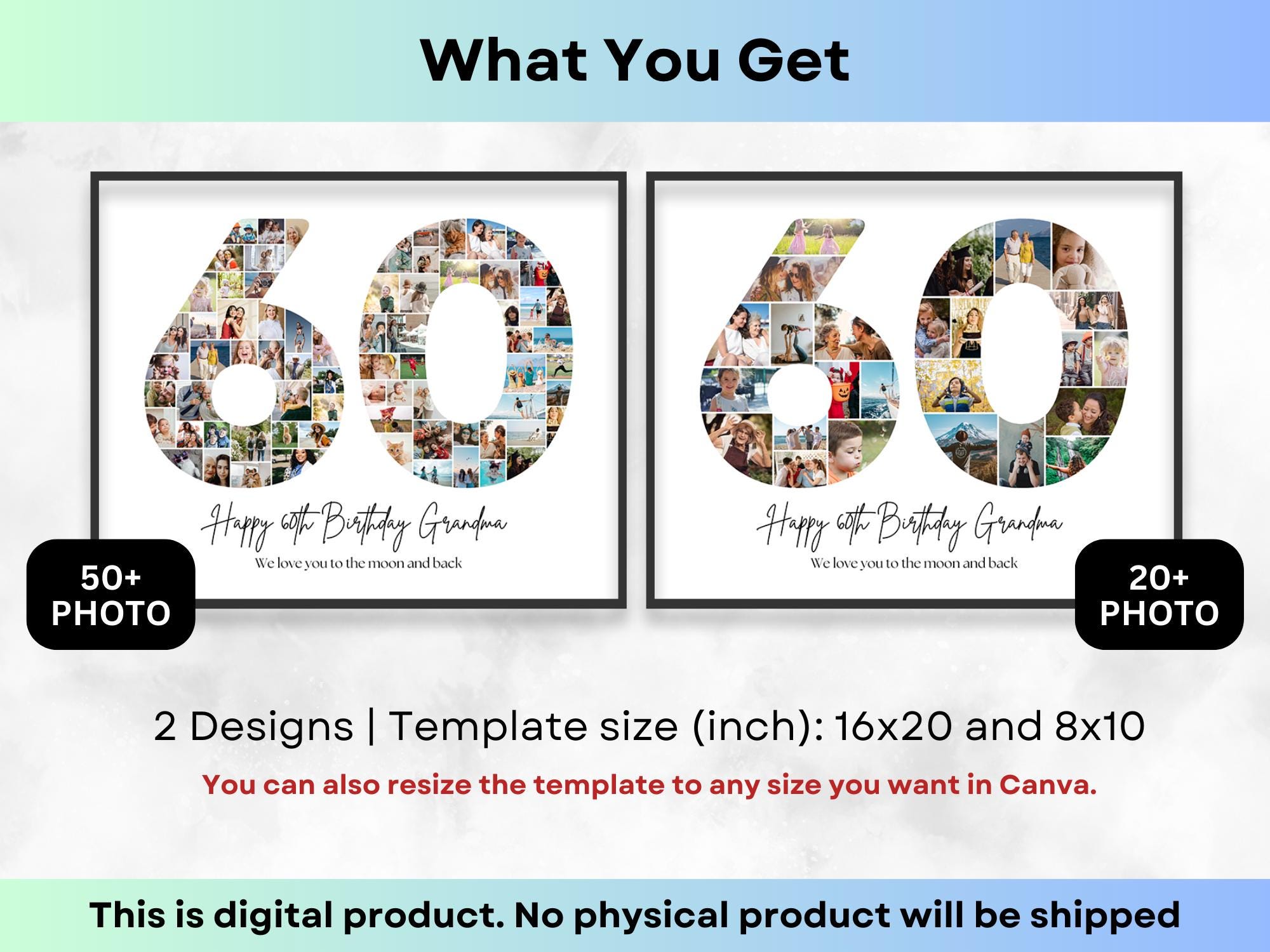 60th Birthday Number 60 Photo Collage Printable Canva Frame Template ...
