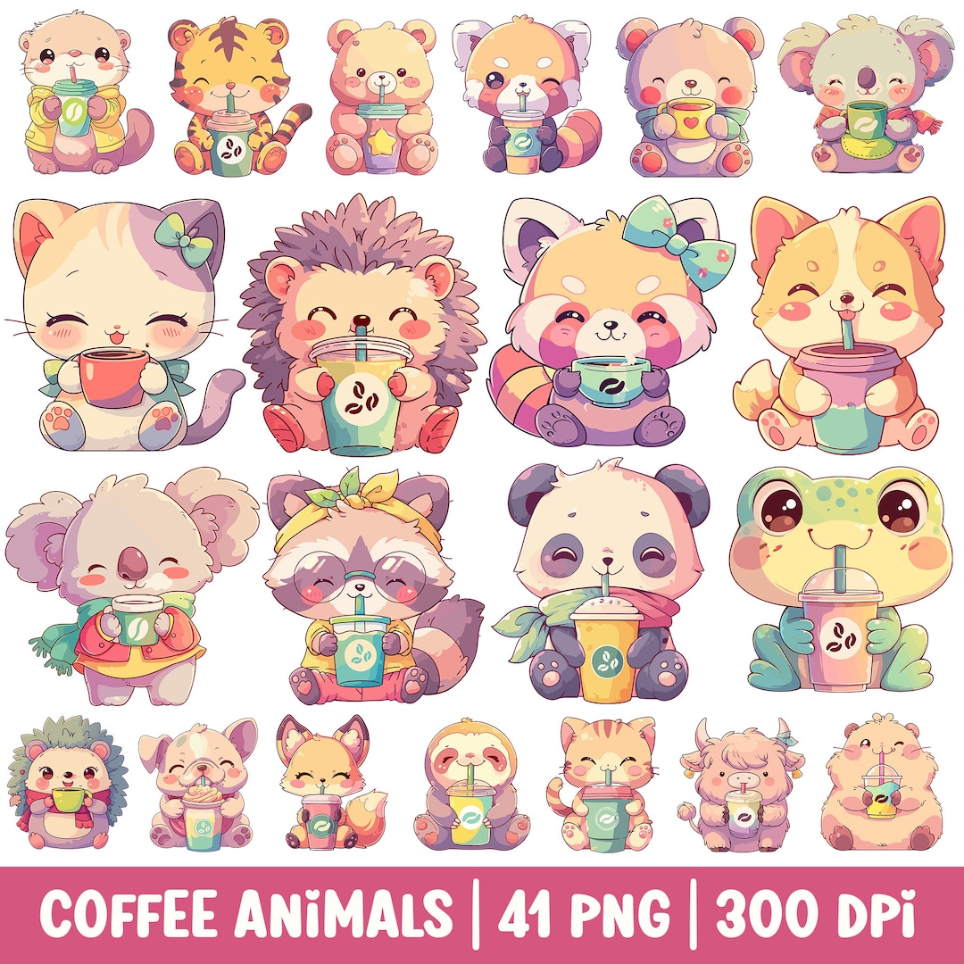 Cute Animal and Coffee Clipart PNG Bundle Kawaii Coffee Lover Cartoon ...