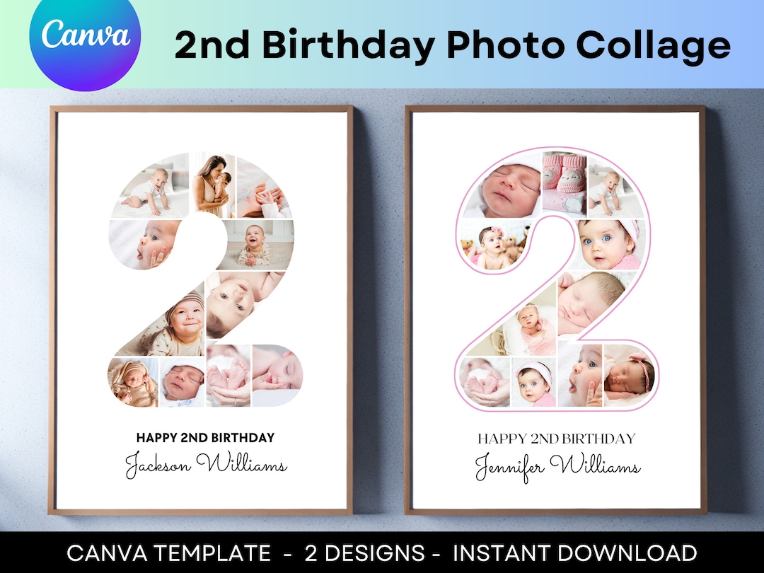 Cute 2nd Birthday Number 2 Photo Collage Canva Template Printable ...