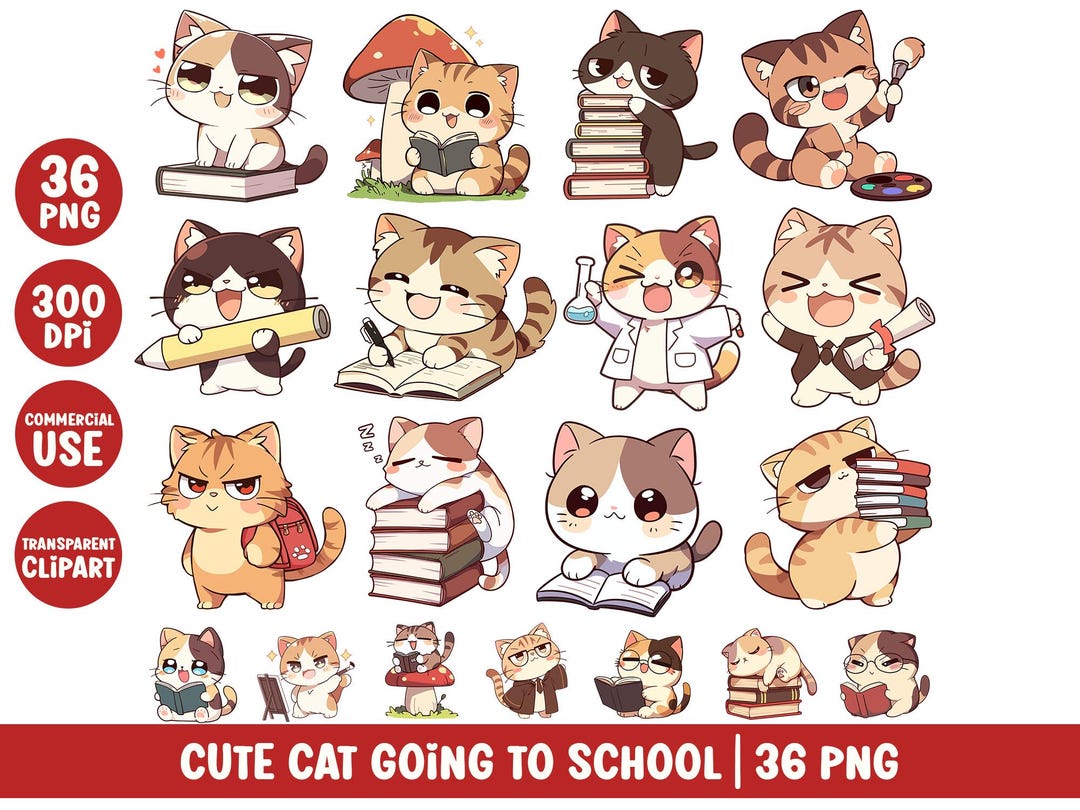 Cute Cat Back to School PNG Clipart Kawaii Cat Reading Book Lover ...