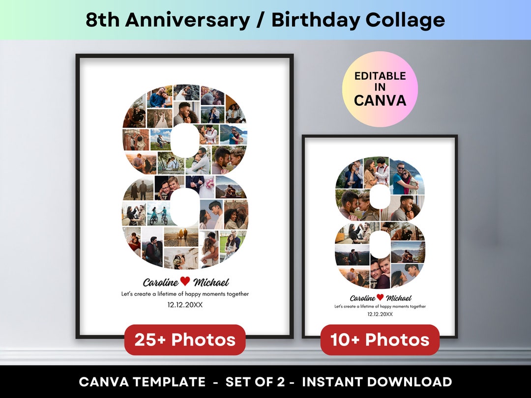 8th Anniversary Number 8 Photo Collage 8th Birthday Gift Personalized ...