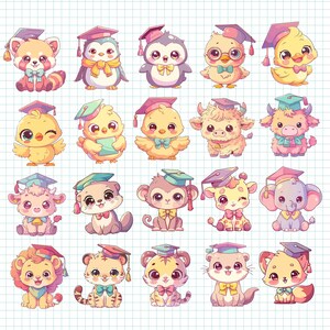 Cute Animal Graduation Clipart PNG Bundle Kawaii Animals Wearing ...