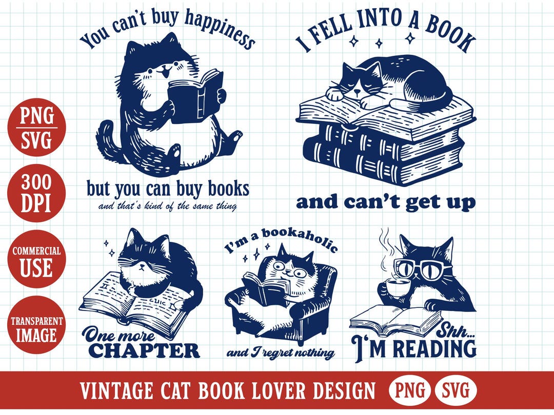 Vintage Cat PNG Reading Book Lover SVG File Funny Bookish Clipart ...