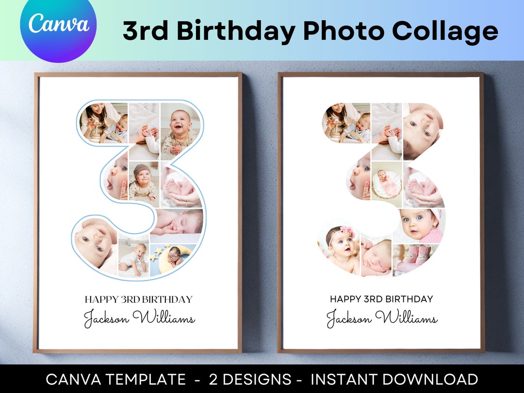 Cute 3rd Birthday Photo Collage Number 3 Canva Template Printable ...