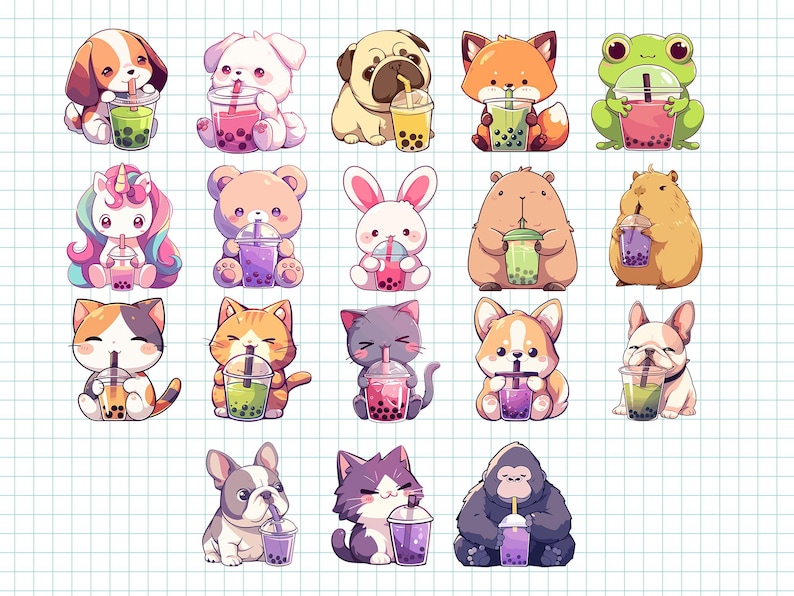 Kawaii Animals Boba Tea Clipart PNG Bundle Set Cute Animal Cartoon ...