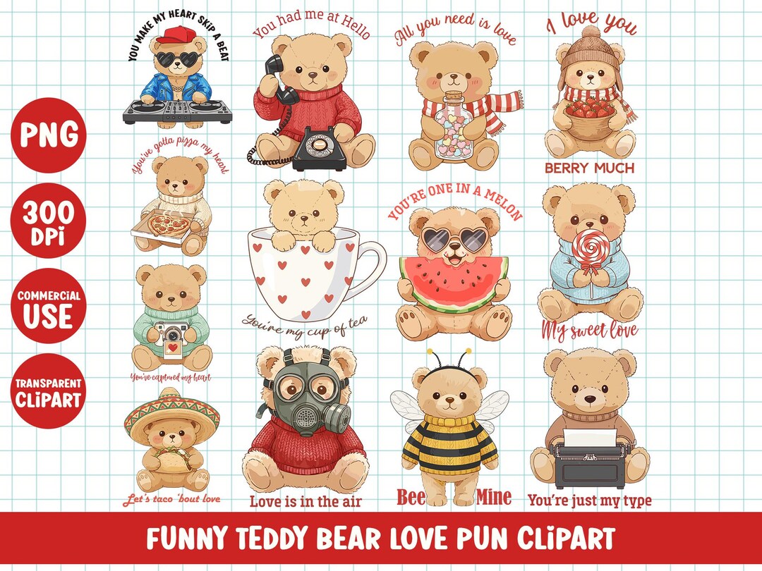 Teddy Bear Valentine Png Funny Love Puns Clipart Bundle Kids Valentine ...