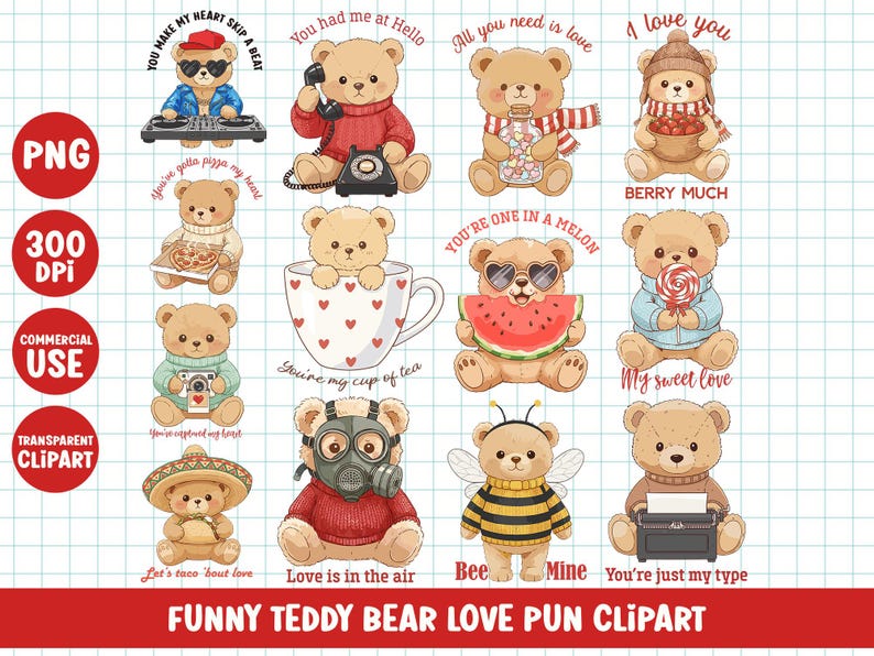 Teddy Bear Valentine Png Funny Love Puns Clipart Bundle Kids Valentine ...