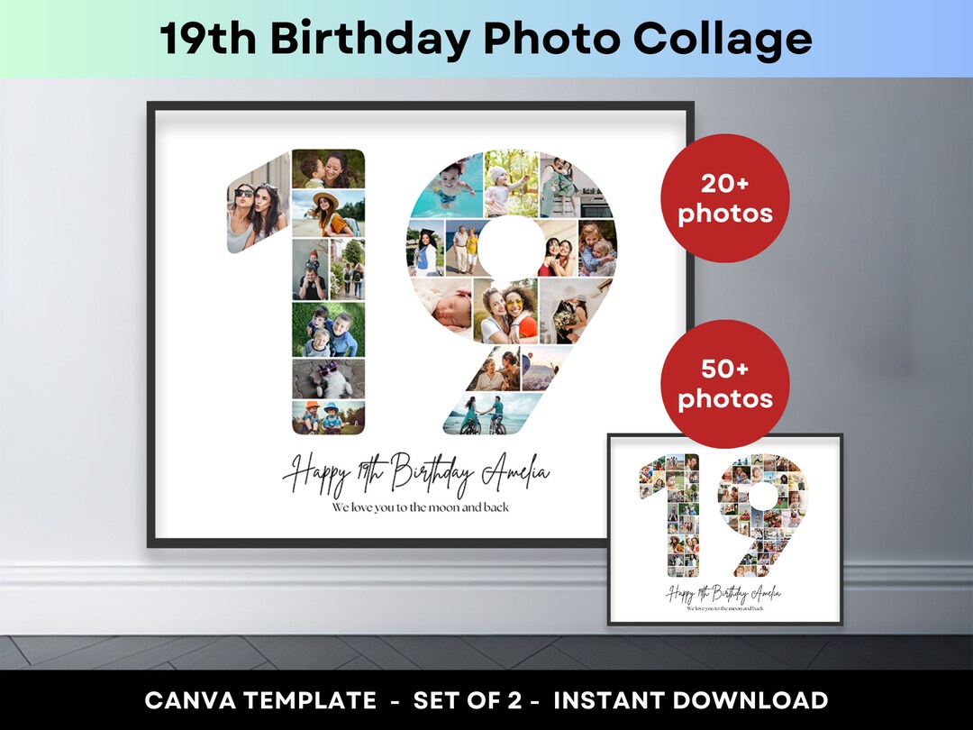 19th Birthday Number 19 Photo Collage Printable Canva Frame Template ...