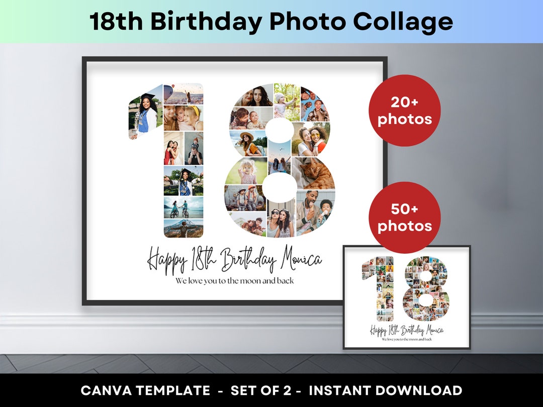 18th Birthday Number 18 Photo Collage Printable Canva Frame Template ...
