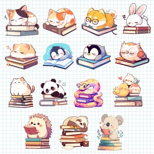 Cute Book Lover PNG Bundle Kawaii Animal Reading Books Clipart Funny ...